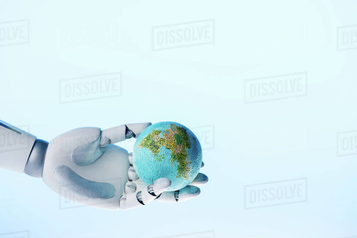 Robot hand holding earth model isolated on blue, earth day concept ...