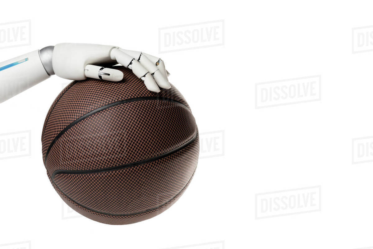 Cropped shot of robot with basketball ball isolated on white - Royalty ...