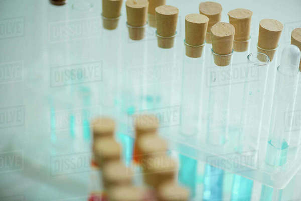 Close up view of different tubes with reagents in chemical lab ...
