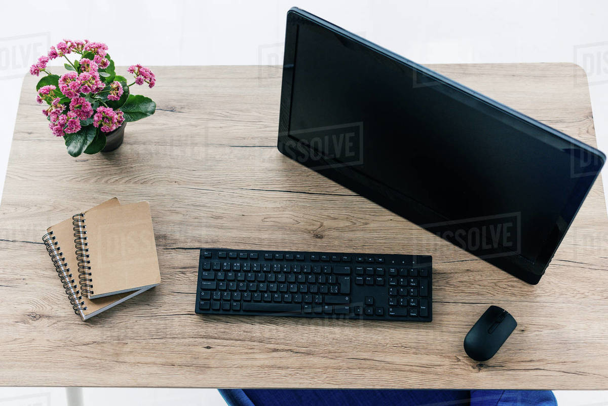 Top view of computer monitor with blank screen, textbooks, flowers ...