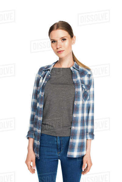 Front view of attractive young woman standing isolated on white ...