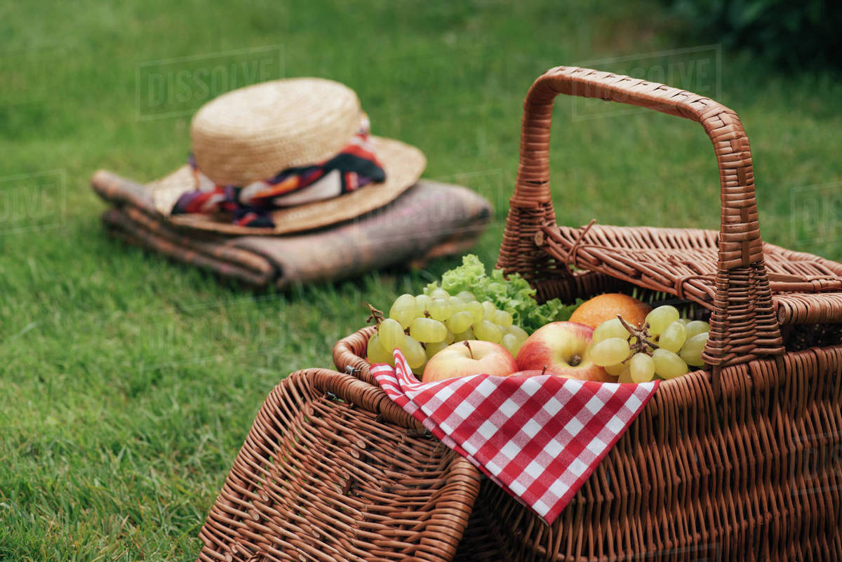 delicious fruits in basket on green grass at picnic - Royalty-free ...