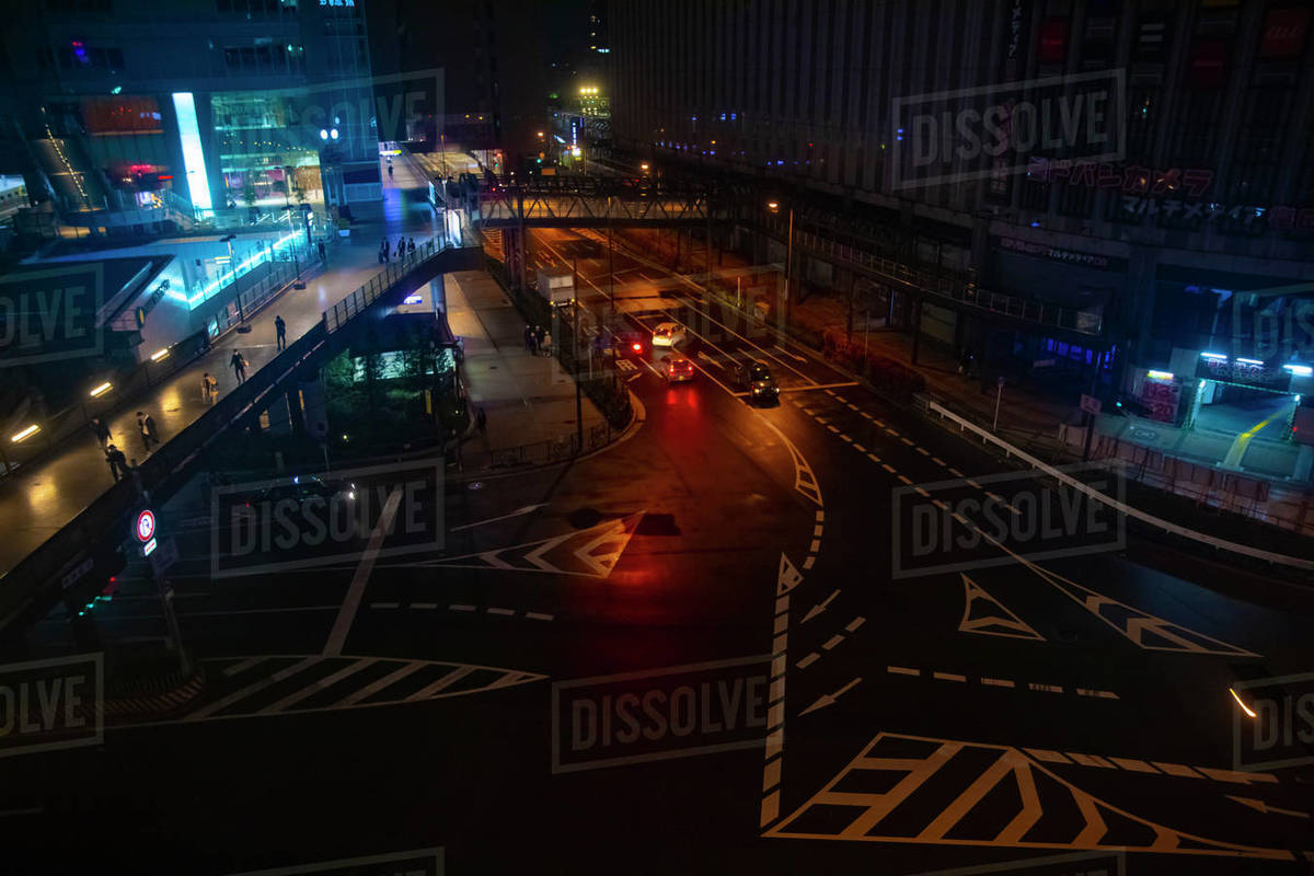 A street at the downtown at night high angle. Umeda district osaka ...