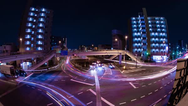 A night timelapse of the traffic jam at the crossing in Tokyo fish-eye ...
