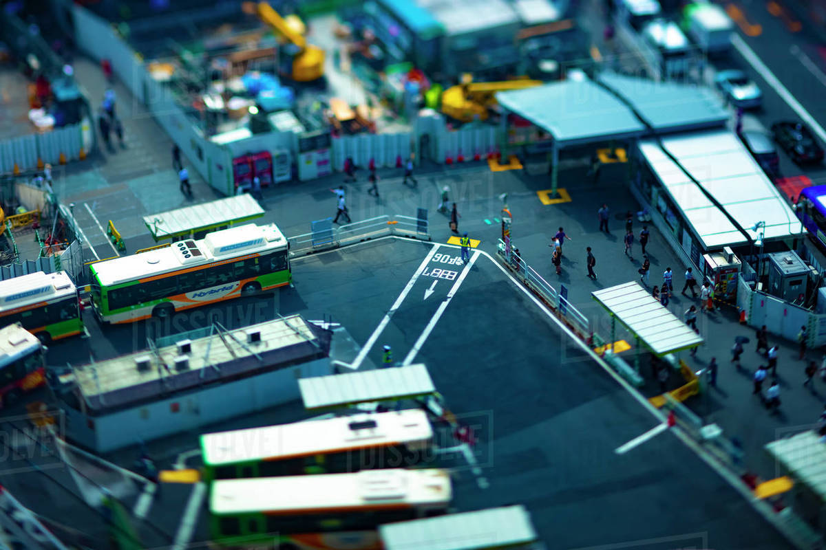 The bus rotary in Tokyo high angle tiltshift. Shibuya district Tokyo ...