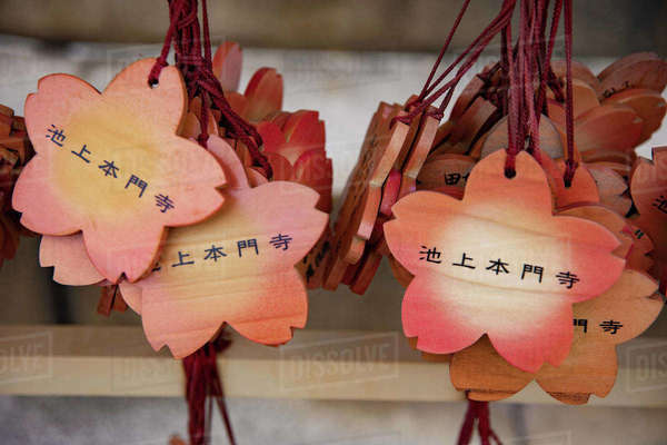 Votive tablets at Japanese traditional temple closeup. Ota district ...