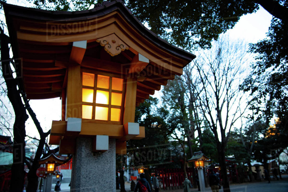 Lantern at Japanese traditional shrine. Shinjuku district Tokyo Japan ...