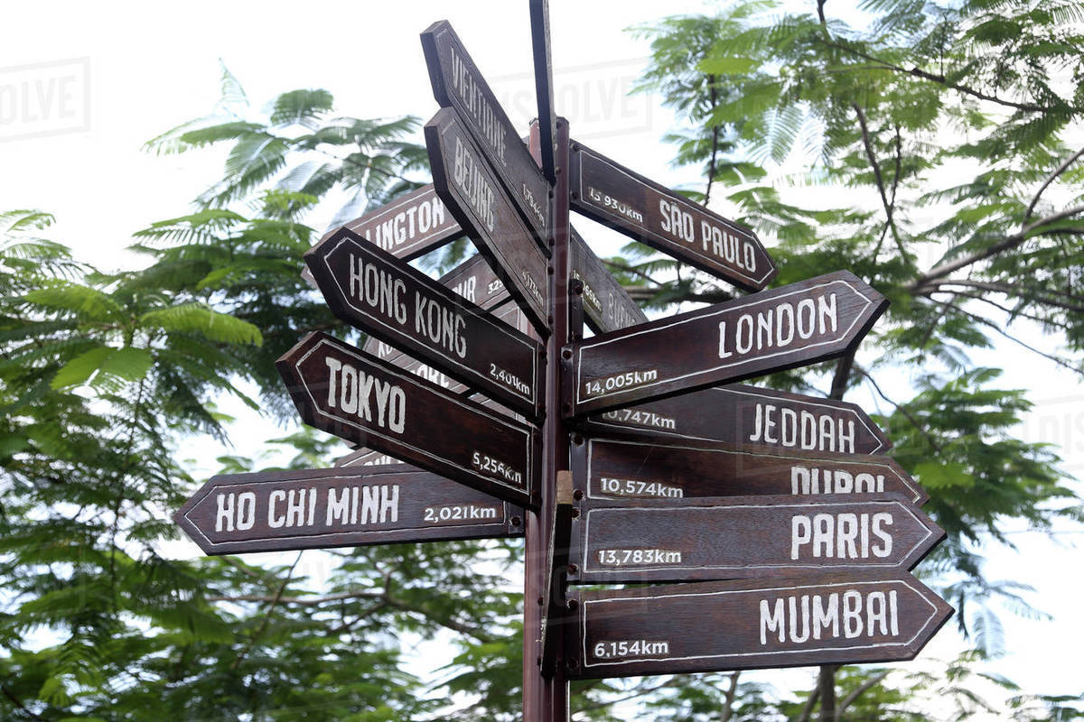 Directional signs to multiple capital cities, Penang Hill, Malaysia ...