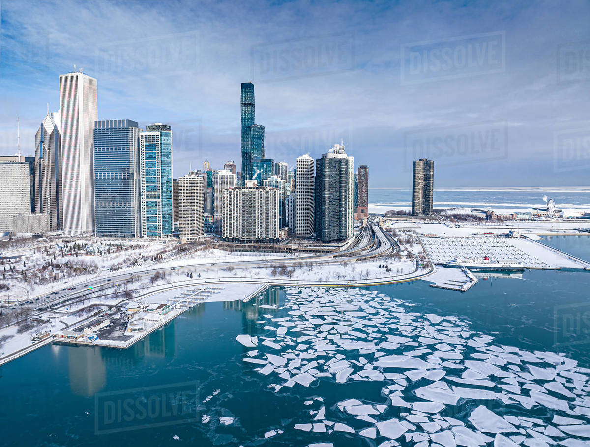 Aerial view of Chicago city Skyline with Lakeshore Drive and frozen ...