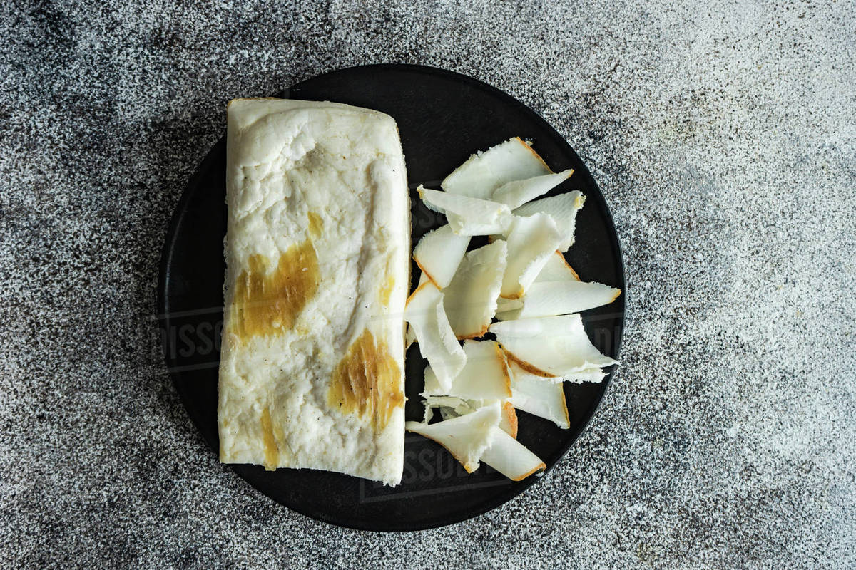 Overhead view of a plate of traditional Ukrainian cured pork fat (salo ...