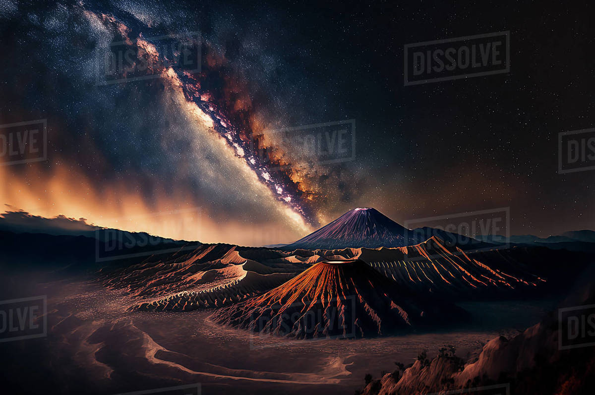 Aerial view of Mt Bromo and milky way at night, Bromo Tengger Semeru ...