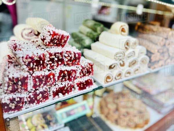 View through a shop window of traditional assorted desserts, Sarajevo ...
