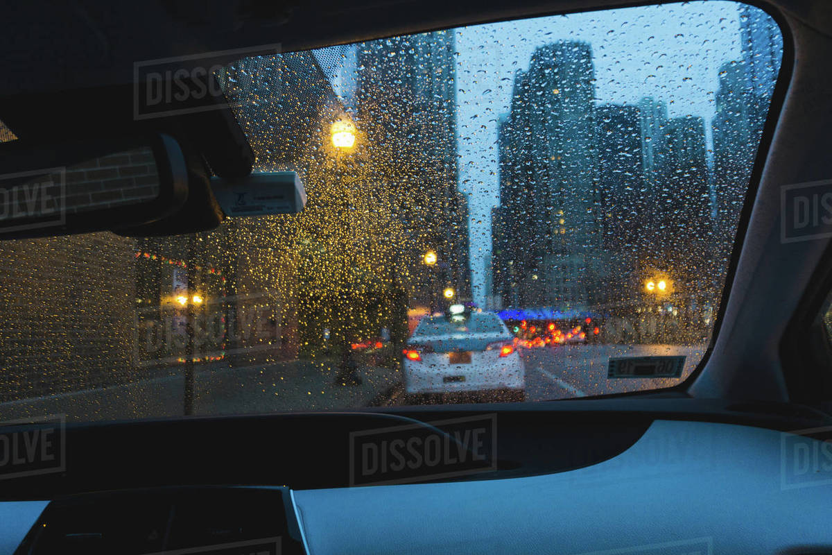 City view through a wet windscreen, Chicago, Illinois, United States ...