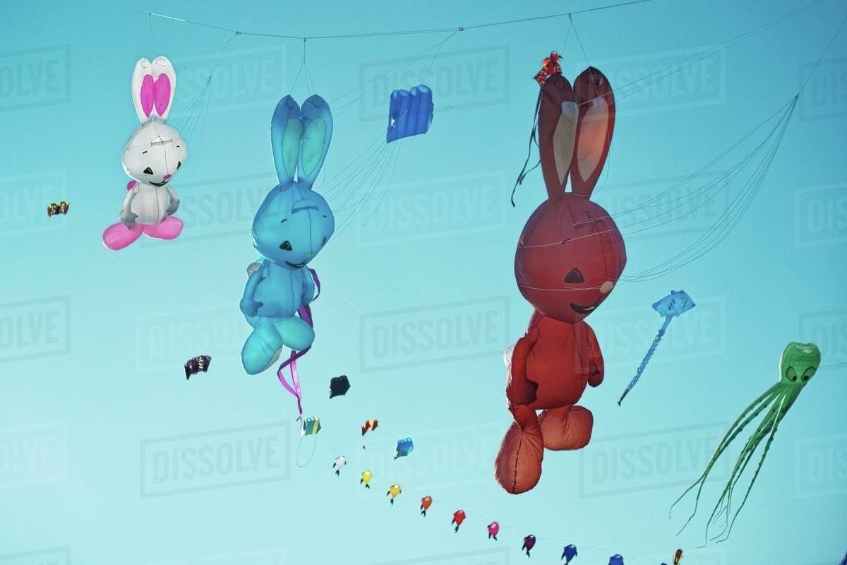 Rabbit kites flying in sky at a kite festival, East Frisia, Lower ...