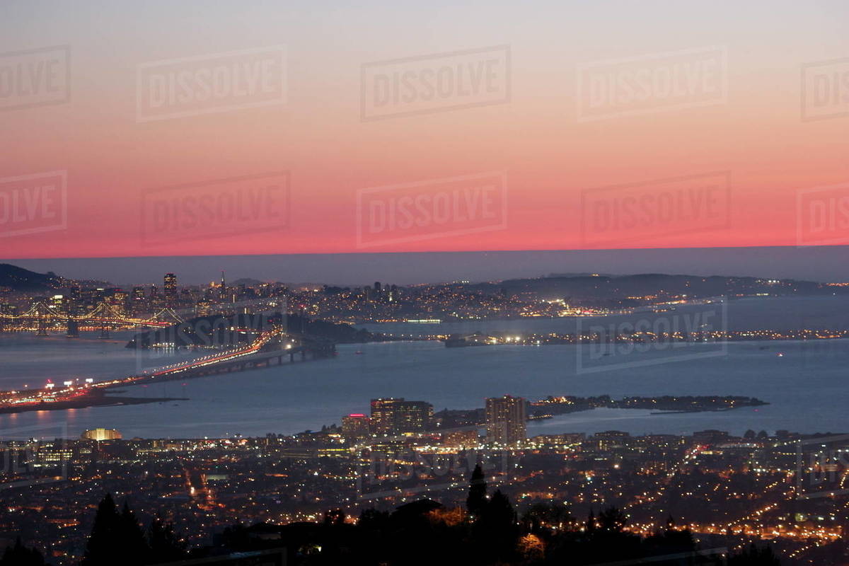 Aerial view of Oakland and San Francisco Bay at Sunset, San Francisco ...
