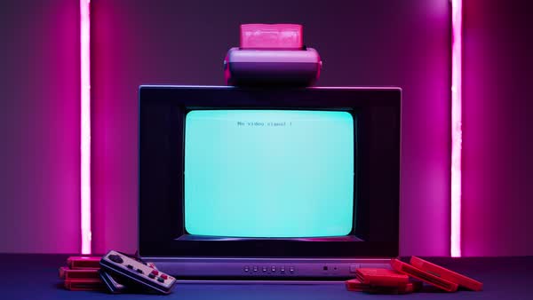 Old television with blue screen on pink neon background. Close-up of ...