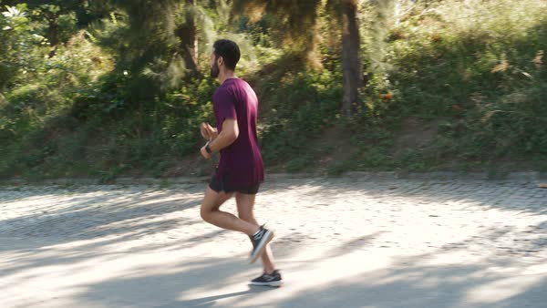 Male runner on nature road in forest, man running in park, sport run ...