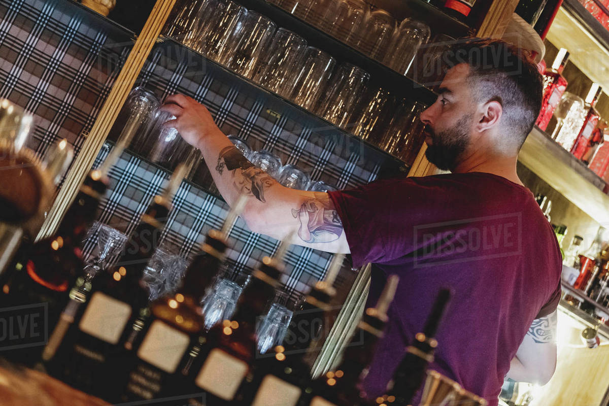 Back view of handsome barman in T-shirt with stylish tattoos checking ...