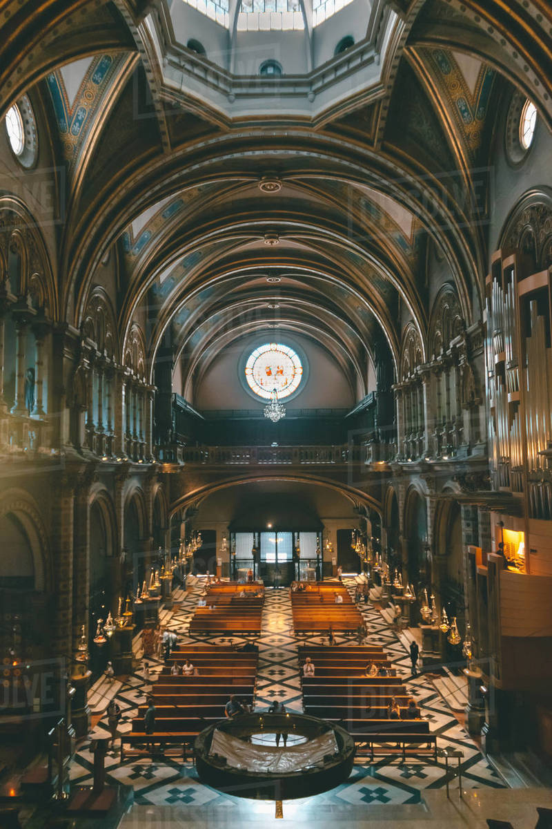 Gorgeous interior of big Catholic vaulted church with people standing ...