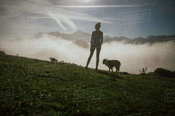 Back view of woman with Border Collie dog enjoying wonderful view of ...