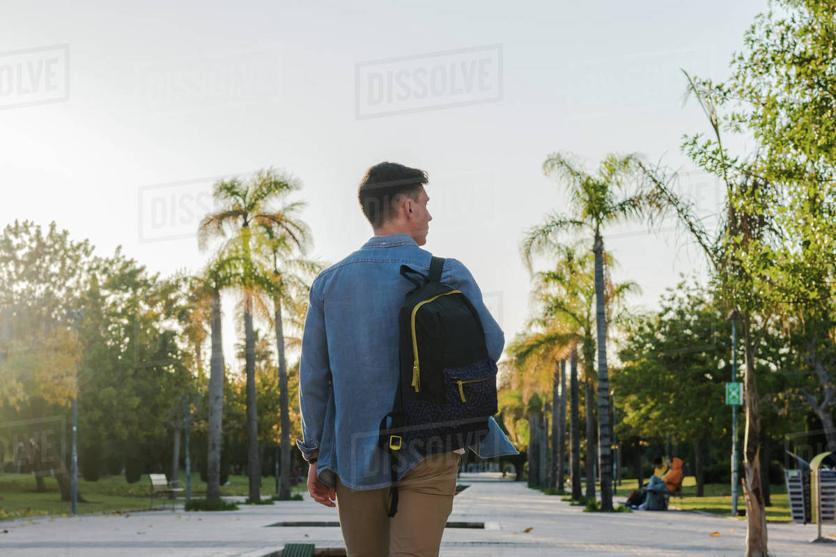 Back view of unrecognizable man with backpack walking along park alley ...