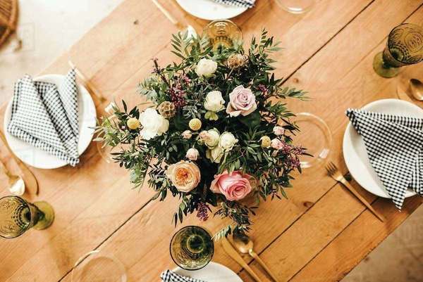 From above top view bouquet of miscellaneous flowers and green plant ...