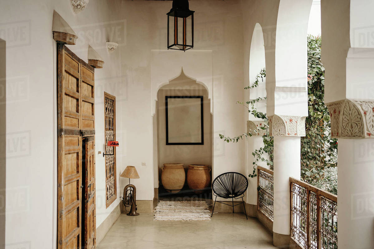 Traditional interior design of terrace of ancient stone house with clay ...