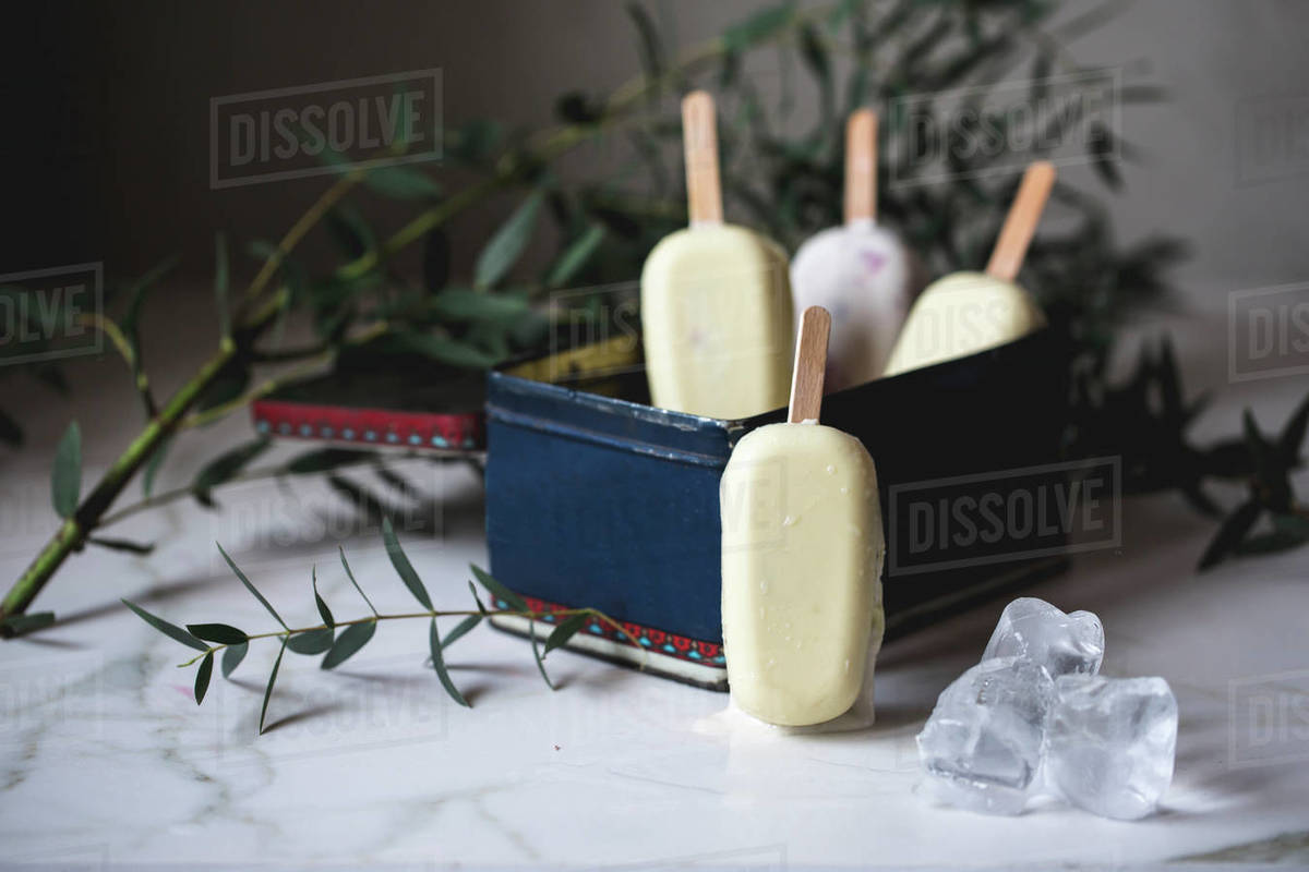 Assorted ice cream popsicles inside a vintage metallic box placed on a ...