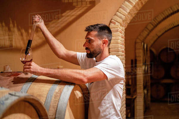 Side view serious male winemaker pouring aromatic red wine from wooden ...