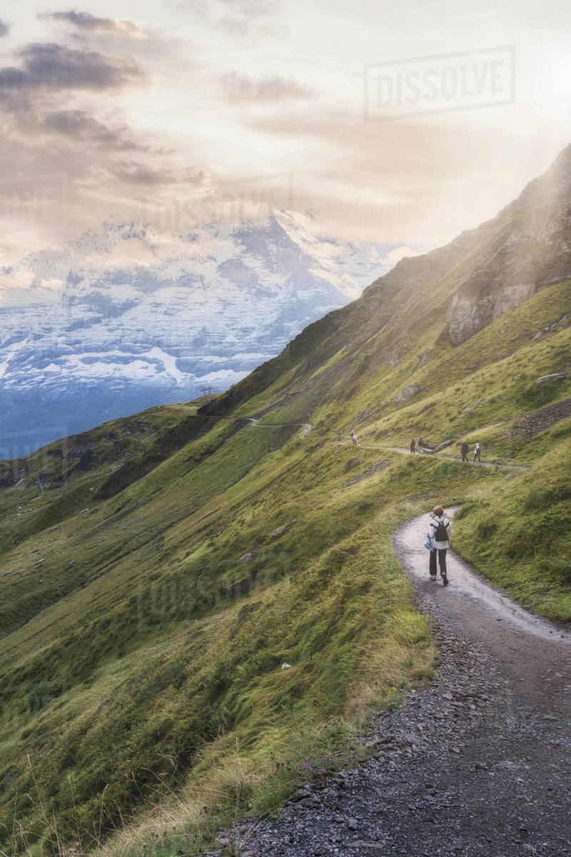 From above back view of anonymous traveler strolling on rough narrow ...