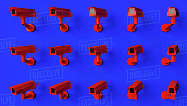 Red surveillance camera on blue background monitoring people on the ...