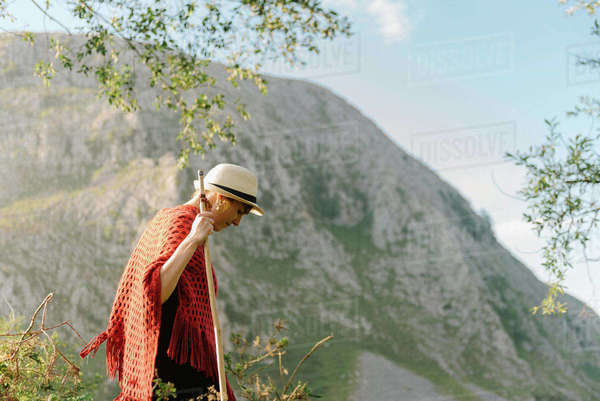 Side view of wanderer with wooden staff enjoying sunrise in morning and ...