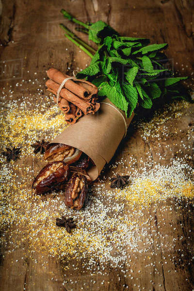 Dates fruits with walnuts, mint and cinnamon muslim halal snack for ...