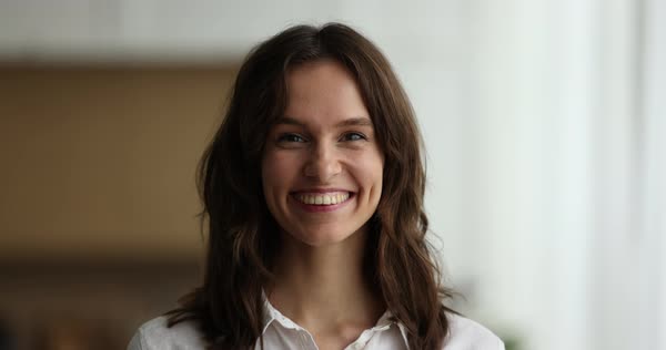 Beautiful smiling woman pose look at camera, head shot portrait - 4K ...