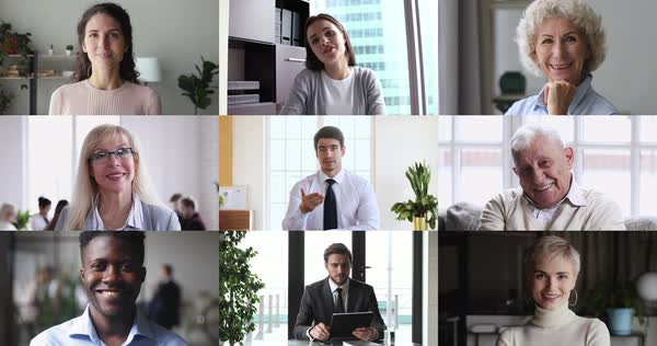 Collage screen view of many diverse people talking to webcam - Stock ...