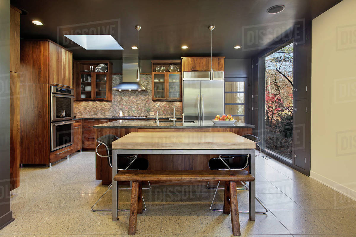 Modern kitchen in suburban home with large picture window - Royalty ...