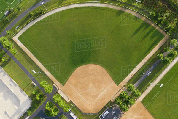 Aerial view of a softball diamond in a sports complex in a suburban ...