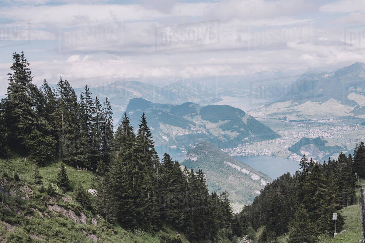 Panorama view of Lucerne lake and mountains scene in Pilatus of Lucerne ...
