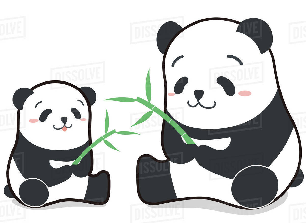 Cute funny cartoon style panda of parent and child family with bamboo ...