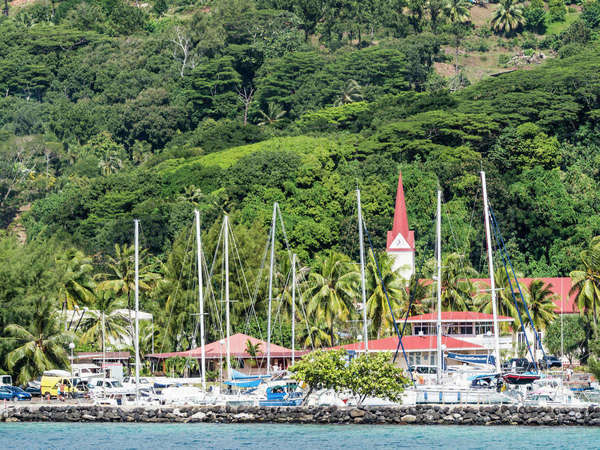 The harbor in the town of Uturoa on the island of Raiatea, Society ...