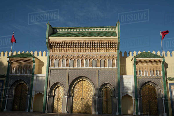 Moorish gates, battlements and the Moroccan flag, the facade of the Dar ...