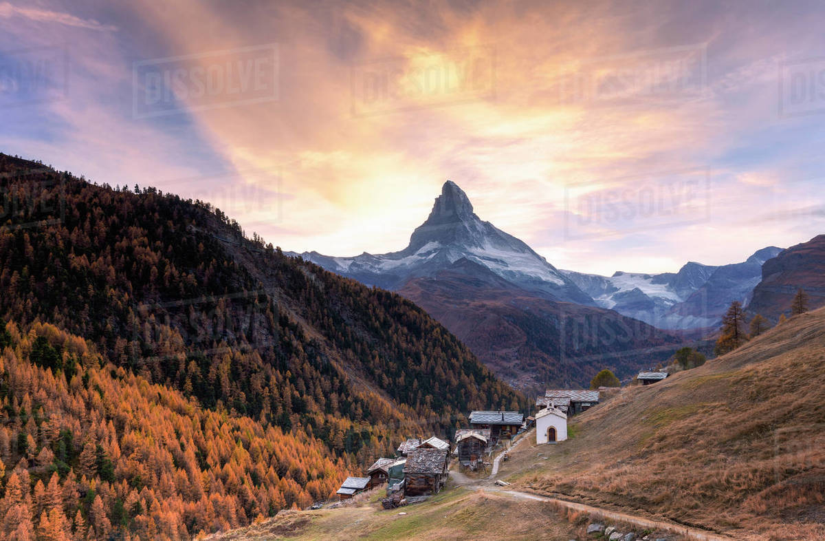 Village of Findeln by Matterhorn at sunset in Zermatt, Switzerland ...