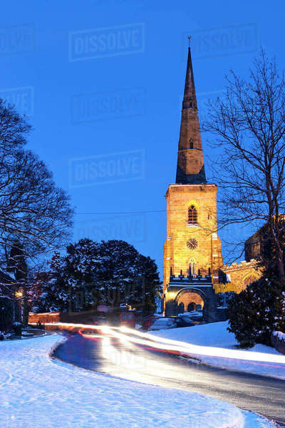 St Mary's Church, Astbury near Congleton in winter at night, Cheshire ...