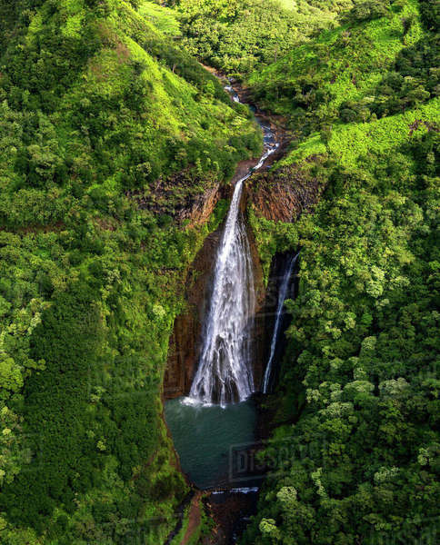 Aerial view of Manawaiopuna Falls, also known as Jurassic Park Falls ...