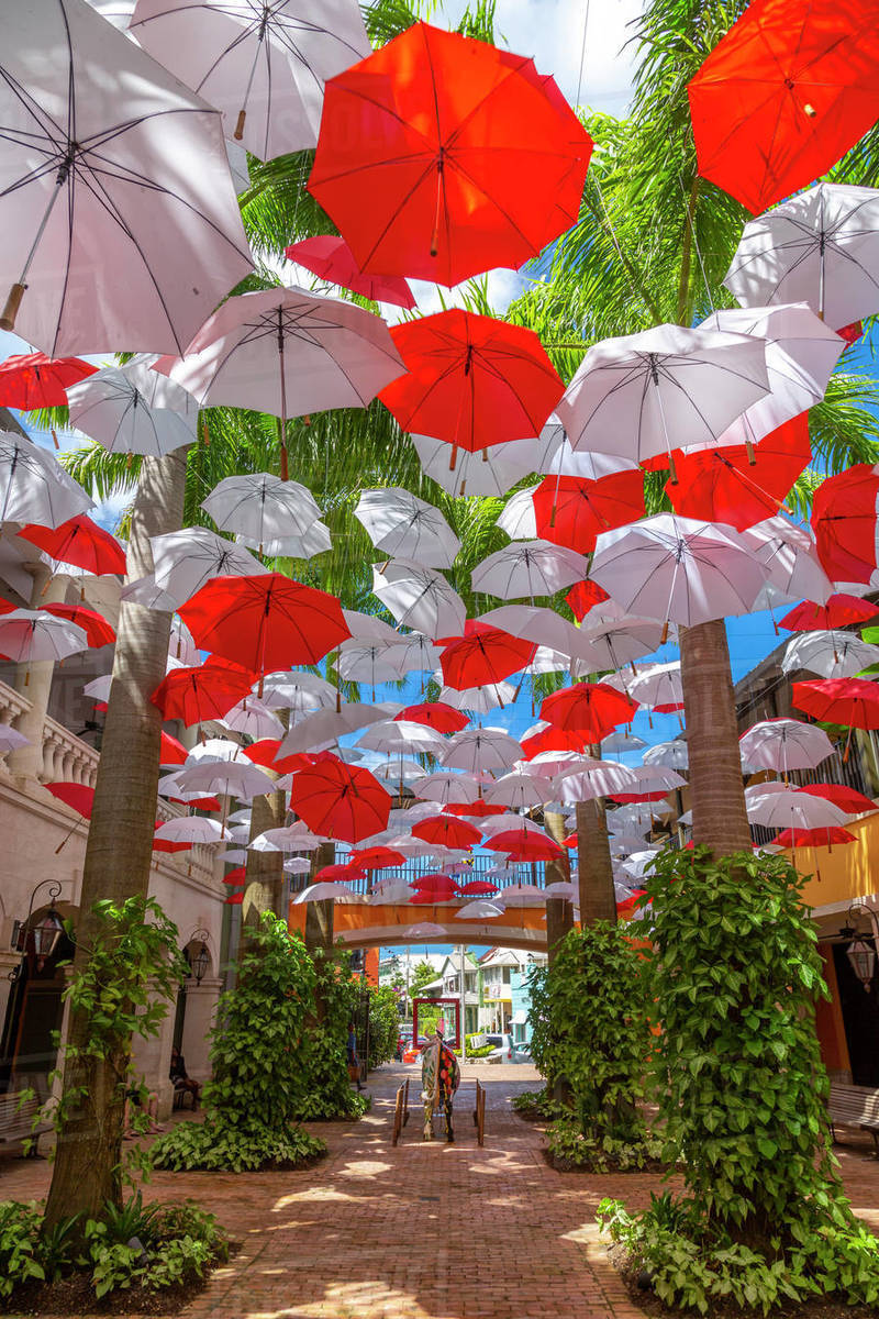 Red and white umbrellas in shopping mall at Holetown, Barbados, West ...