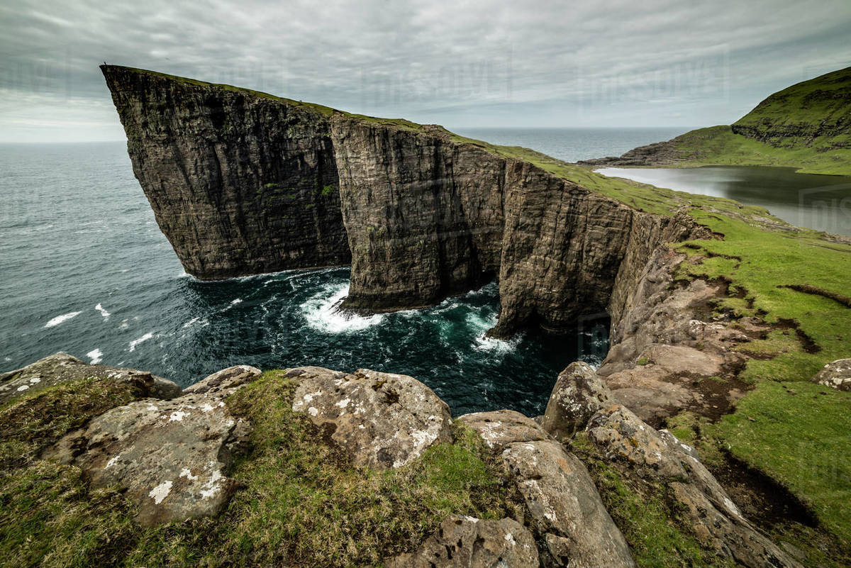 Traelanipa cliffs, Vagar Island, Faroe Islands, Denmark, Atlantic, Europe - Stock Photo - Dissolve