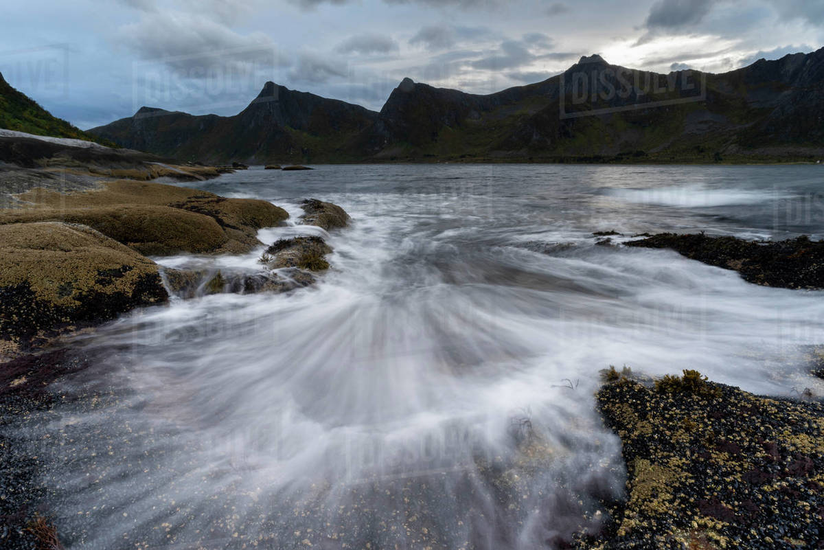 Incoming tide at dusk, Tungeneset, Senja, Norway, Scandinavia, Europe ...