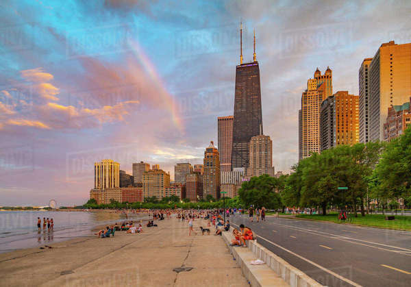 View of Chicago skyline and rainbow from North Shore, Chicago, Illinois ...