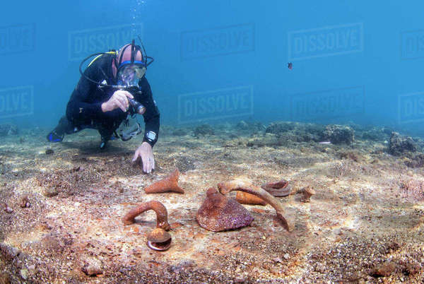 Diver swimming over ancient Roman ruins, underwater ancient Roman ruins ...