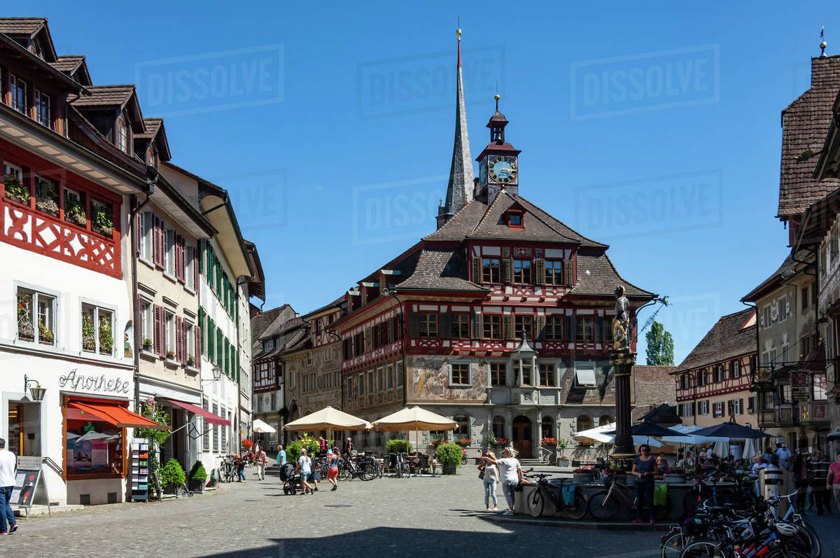 Traditional architecture, mural, street scene, Rathaus (Town Hall ...